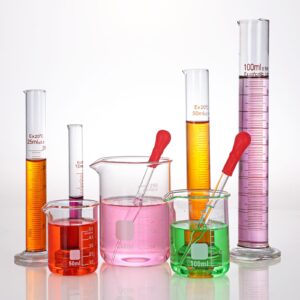 SUPERLELE Glass Graduated Cylinder Set 10ml 25ml 50ml 100ml, Thick Glass Beaker Set 50ml 100ml 250ml with 2 Droppers