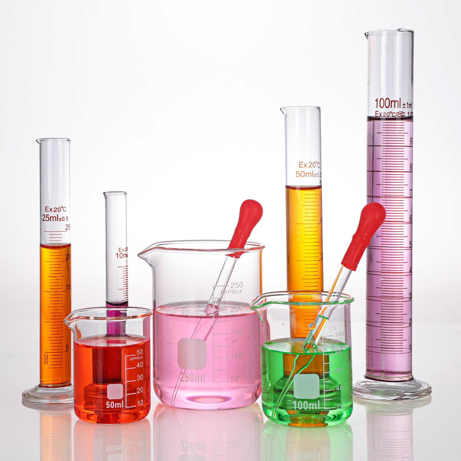 SUPERLELE Glass Graduated Cylinder Set 10ml 25ml 50ml 100ml, Thick Glass Beaker Set 50ml 100ml 250ml with 2 Droppers