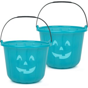 teal pumpkin halloween trick or treat bucket 8.5 in (2 pack)-official teal pumpkin project allergy-friendly candy pail accessory and party decoration supplies, haunted house plastic bowl w handle