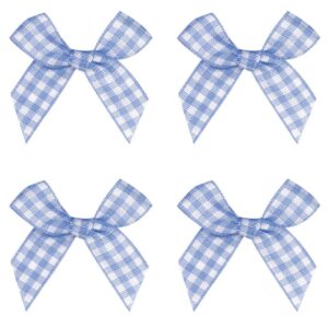 viviquen gingham craft ribbon bows mini checkered ribbon flowers appliques for sewing, gift, diy craft, wedding decoration ornament (light blue, small size 52pcs)