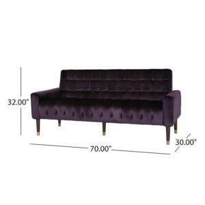 Christopher Knight Home Adan Tufted Velvet Sofa Tipped Tapered Legs, BlackBerry and Gold Finish