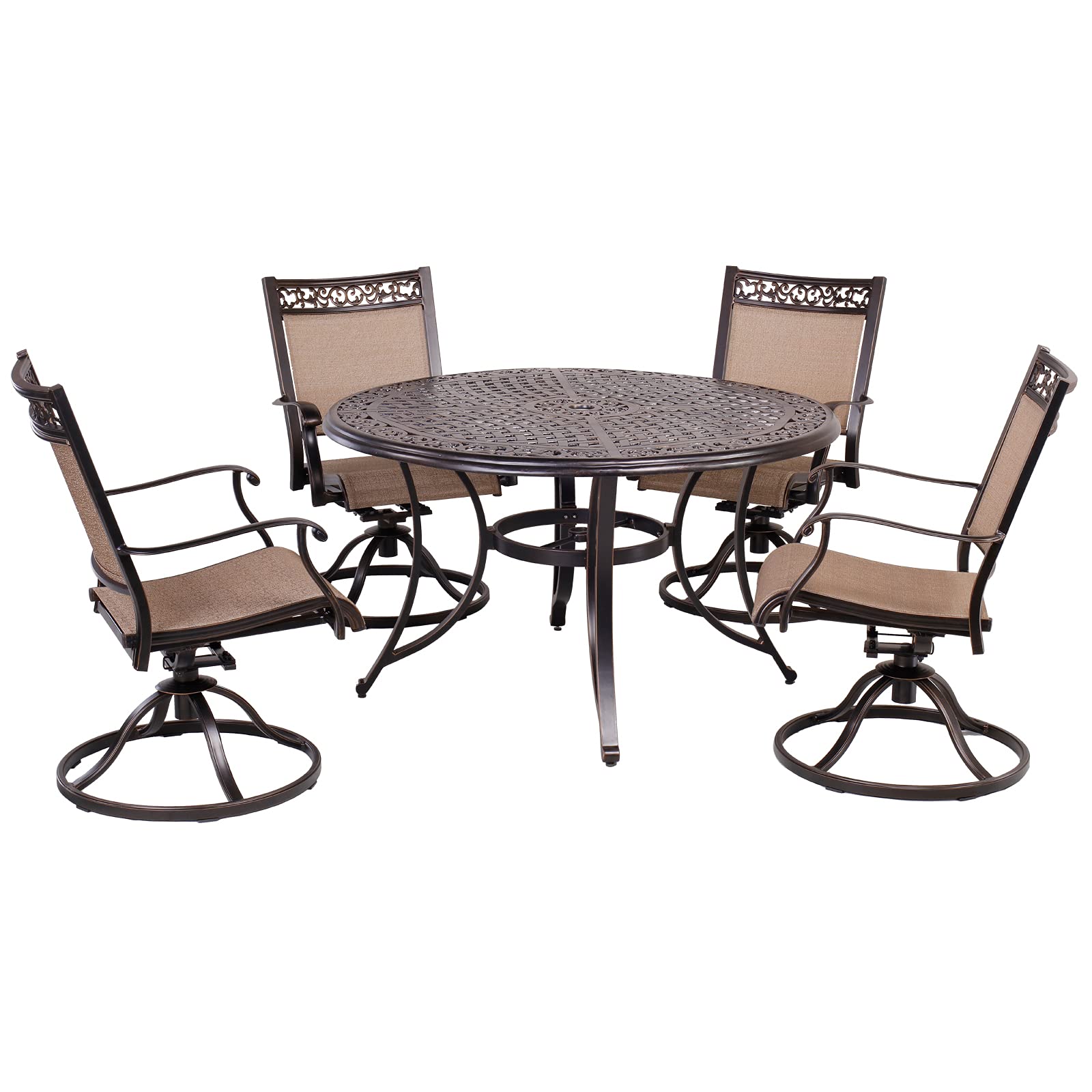 DALI 5 Piece Patio Dining Set Outdoor Furniture, Aluminum Swivel Rocker Chair Sling Chair Set with 48 inch Round Alum Casting Top Table