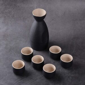 NEWQZ Japanese Sake Set, Traditional Ceramics Black Sake Serving Sets 7 Pcs include 1 Pot and 6 Cups