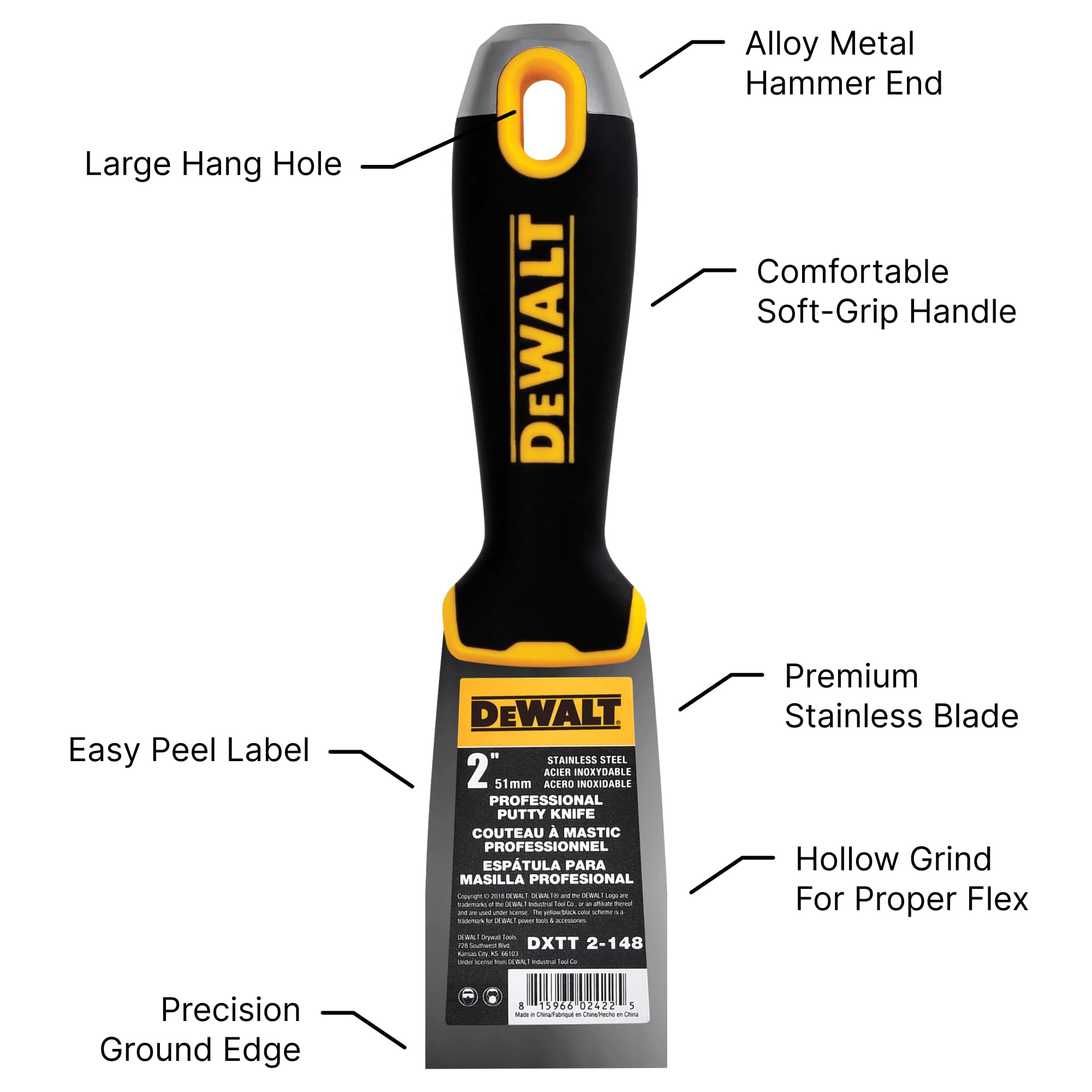 DEWALT 2" Putty Knife | Stainless Steel w/Soft Grip Handle | DXTT-2-148