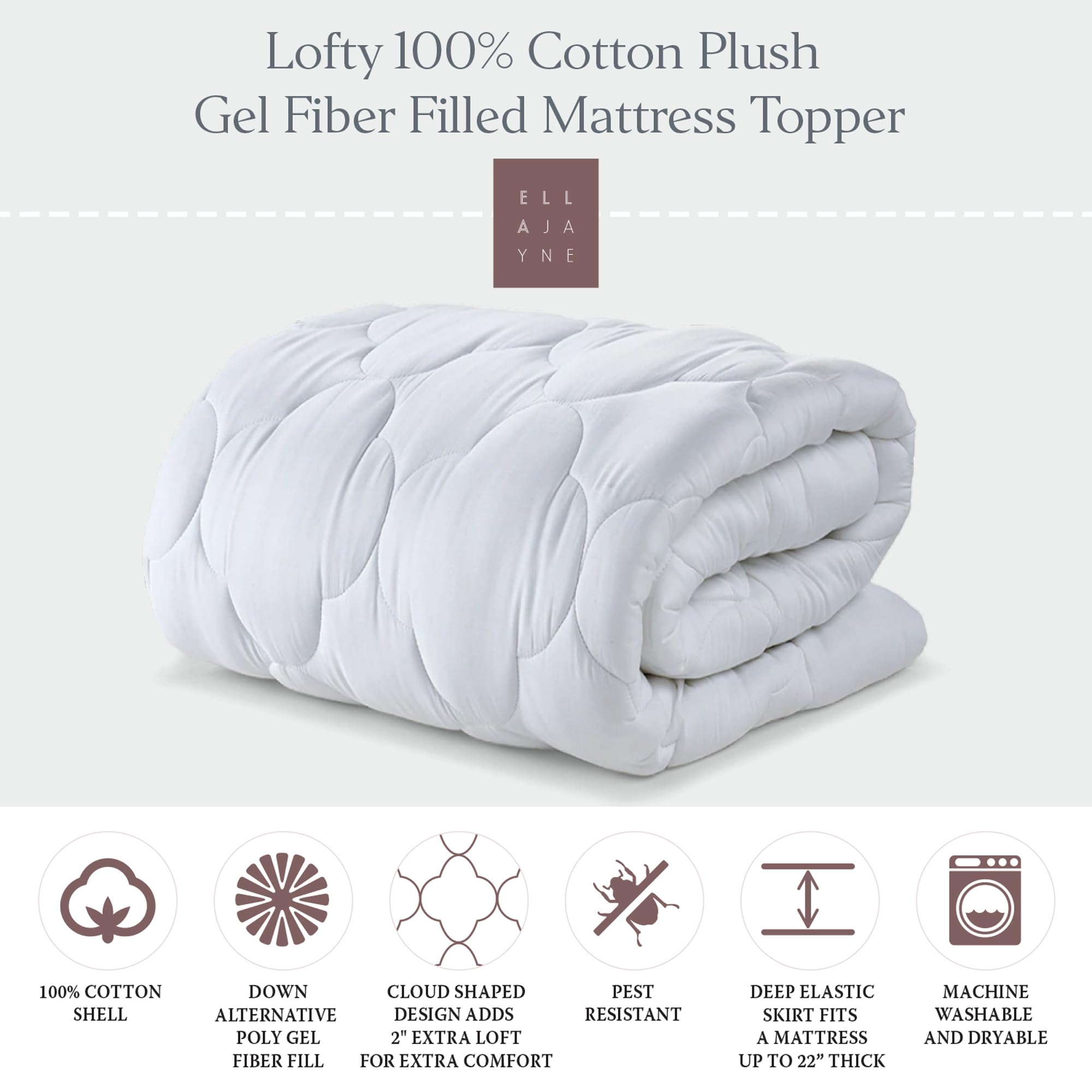 Ella Jayne Lofty 100% Cotton Plush Gel Fiber Filled Mattress Topper - Queen