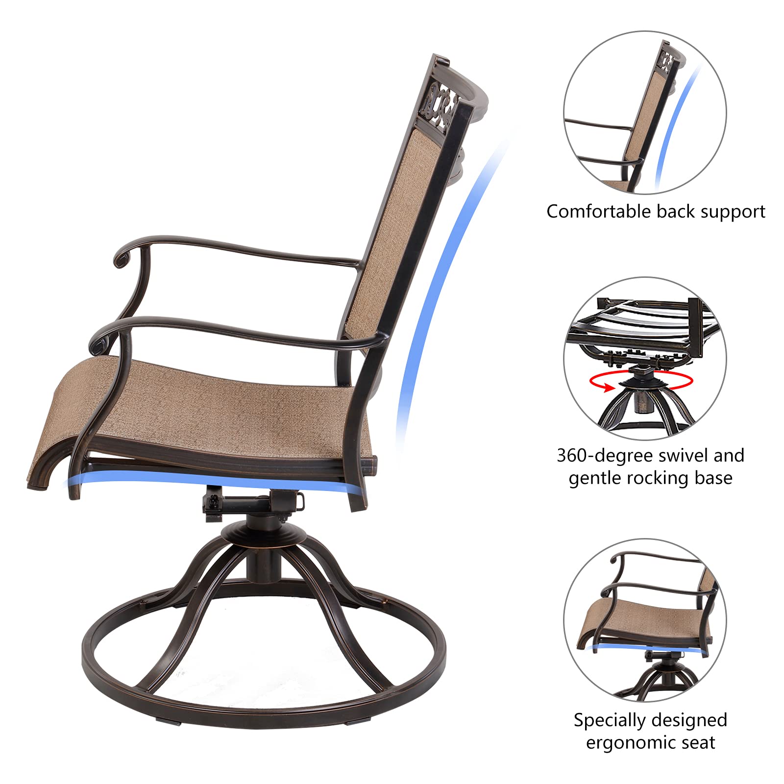 DALI 5 Piece Patio Dining Set Outdoor Furniture, Aluminum Swivel Rocker Chair Sling Chair Set with 48 inch Round Alum Casting Top Table