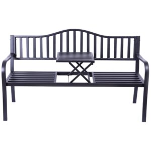 gardenised qi003461l outdoor powder coated steel park bench, garden bench with pop up middle table, lawn decor seating bench for yard, patio, garden, balcony, and deck