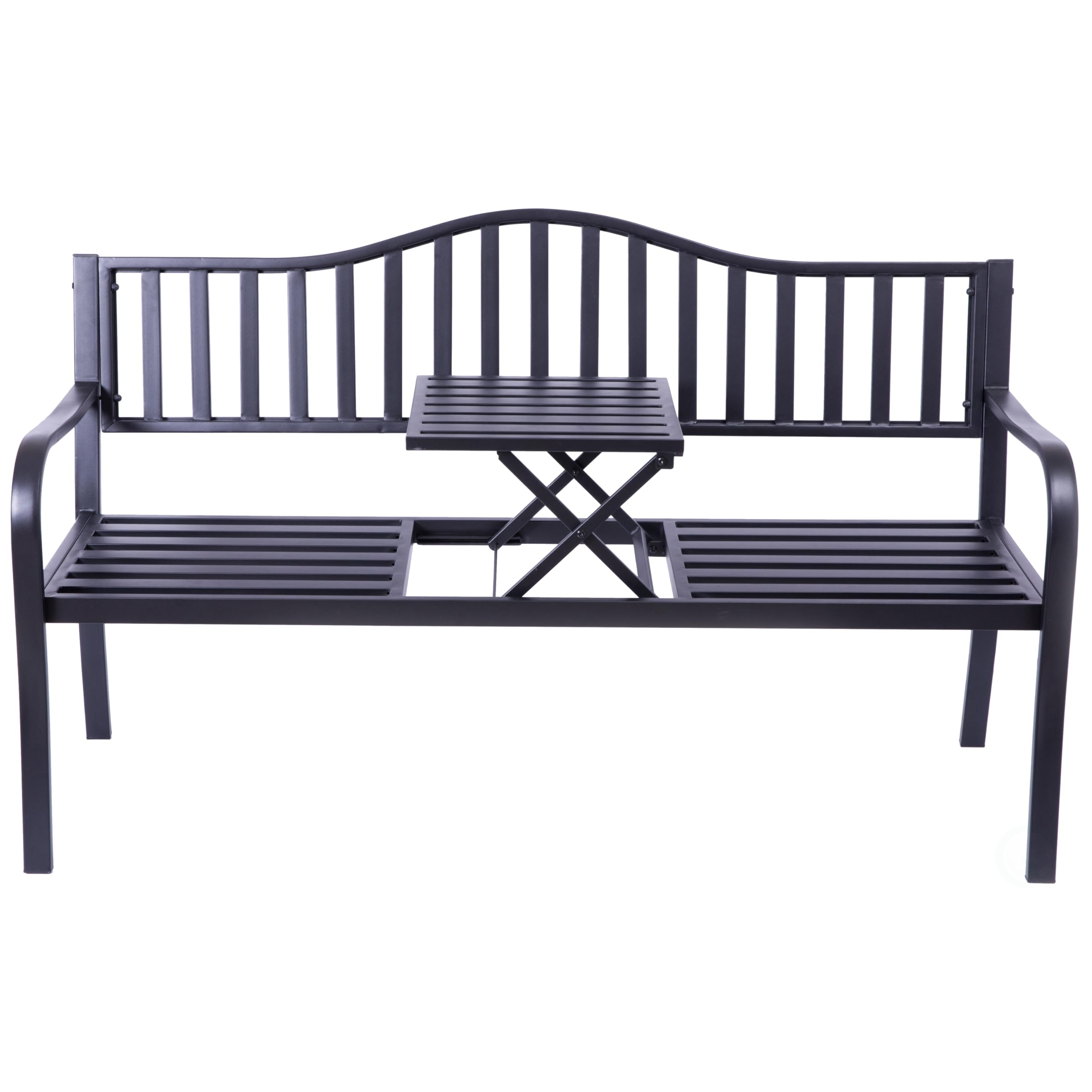 Gardenised QI003461L Outdoor Powder Coated Steel Park Bench, Garden Bench with Pop Up Middle Table, Lawn Decor Seating Bench for Yard, Patio, Garden, Balcony, and Deck