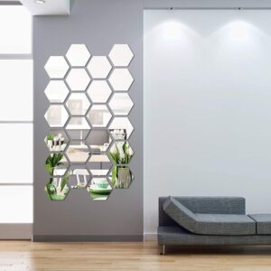 shappy 24 pieces hexagon mirror wall sticker removable acrylic mirror setting wall sticker decal honey comb mirror decal for living room bedroom home decor (5 x 4.3 x 2.5 inch)