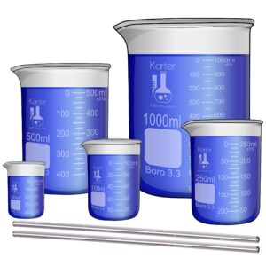 glass low form beaker set with 2 glass stirring rods, 5 sizes - 50, 100, 250, 500, and 1l, 3.3 borosilicate glass, karter scientific 213a9