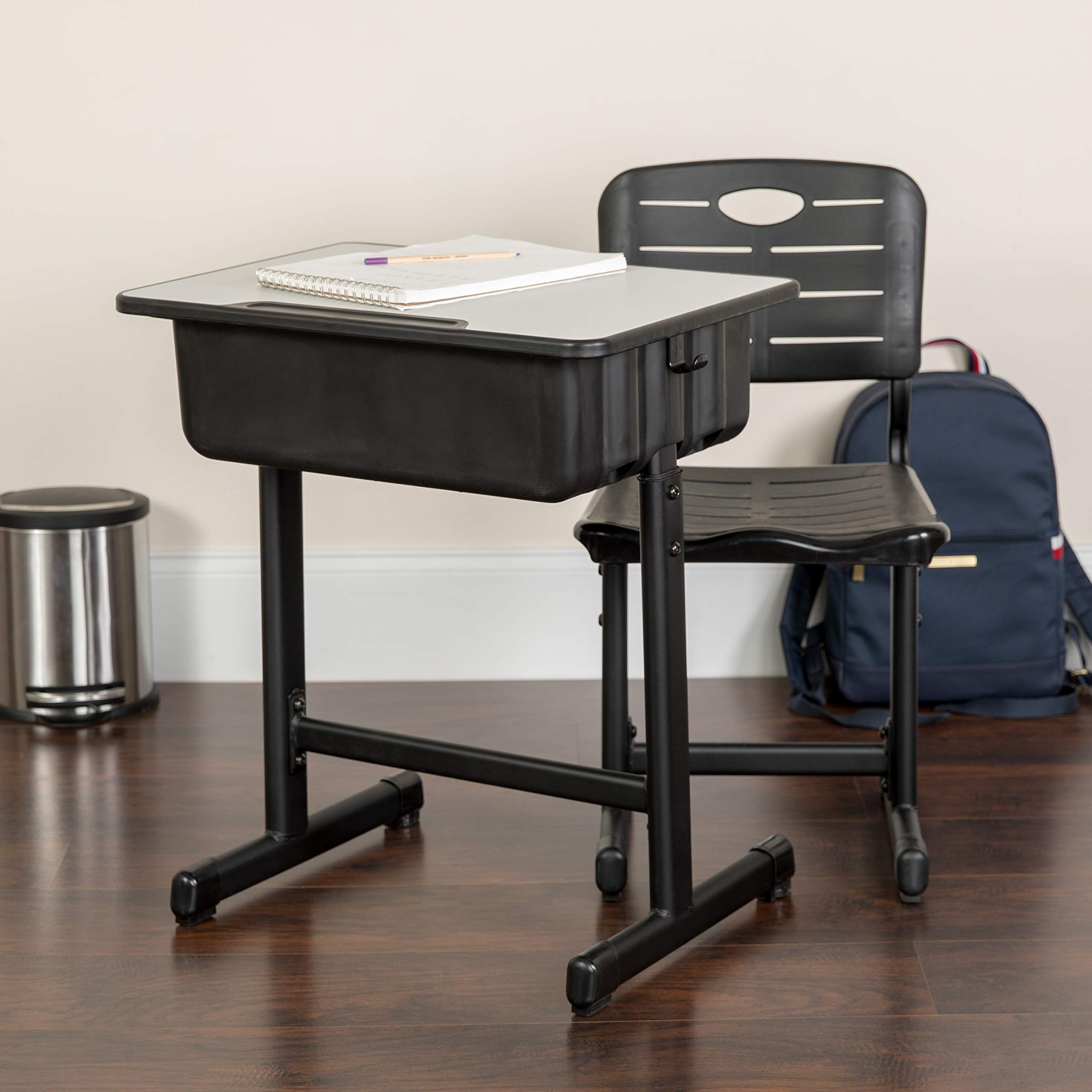 EMMA + OLIVER Adjustable Height Student Desk and Chair with Black Pedestal Frame