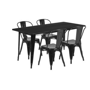 EMMA + OLIVER Commercial Grade Rectangular Black Metal Indoor-Outdoor Table Set-4 Stack Chairs