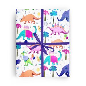 revel & co party dinosaurs children's premium folded wrapping paper, 2 feet x 10 feet jurassic dinosaur birthday folded gift wrap