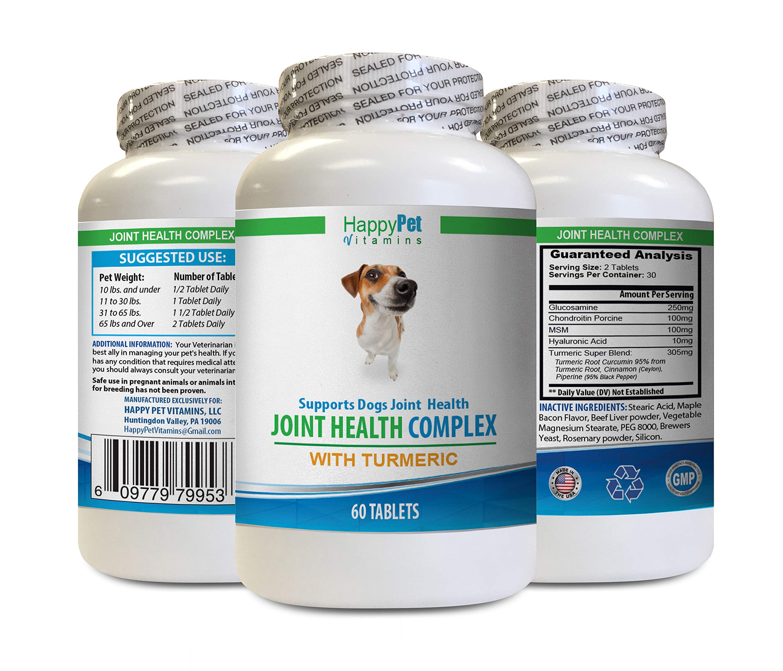 HAPPY PET VITAMINS LLC Puppy Joint Health Supplement - Joint Health Complex with Turmeric for Dogs - with MSM and Turmeric - Hip Support - chondroitin for Dogs - 1 Bottle (60 Tablets)