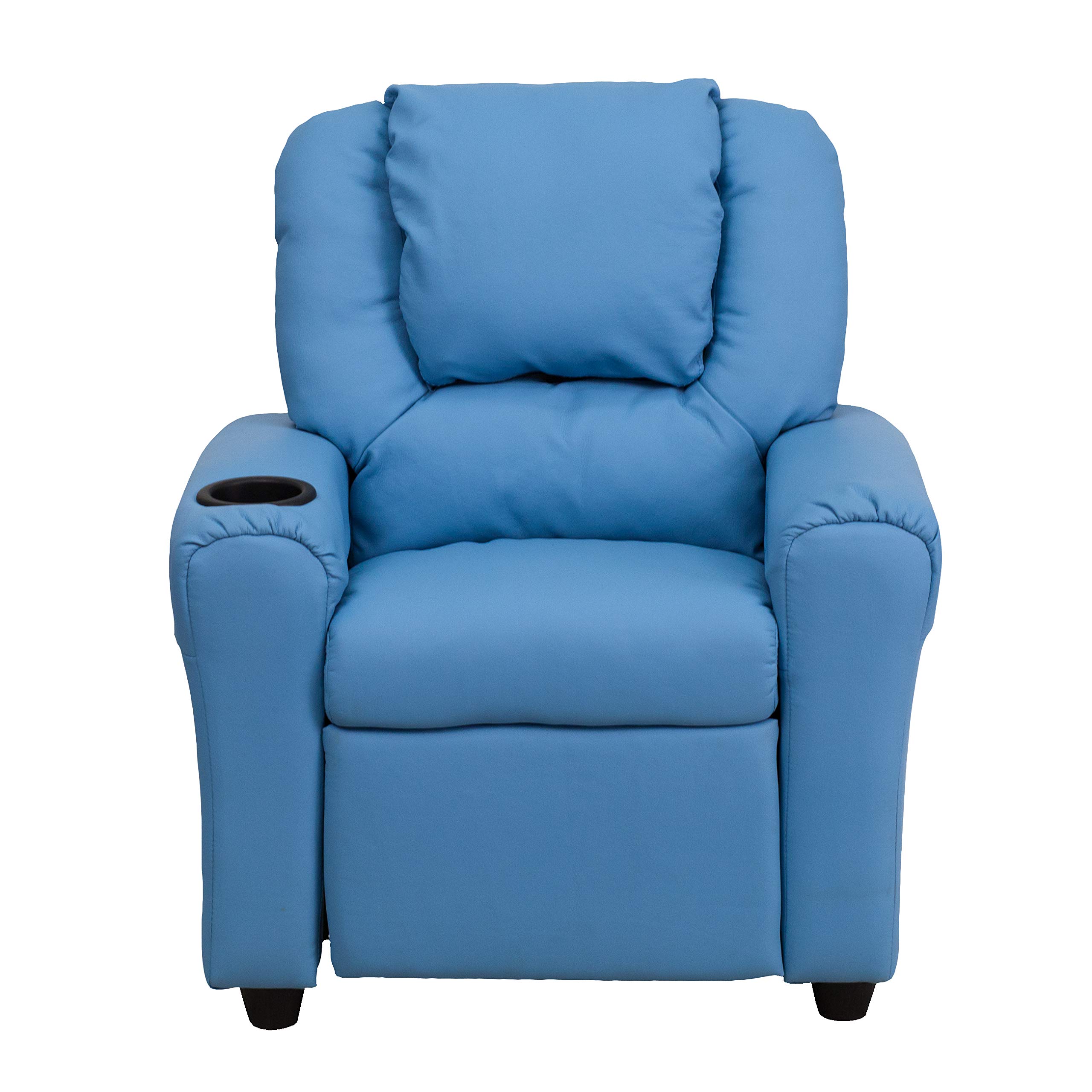 EMMA + OLIVER Light Blue Vinyl Kids Recliner with Cup Holder and Headrest