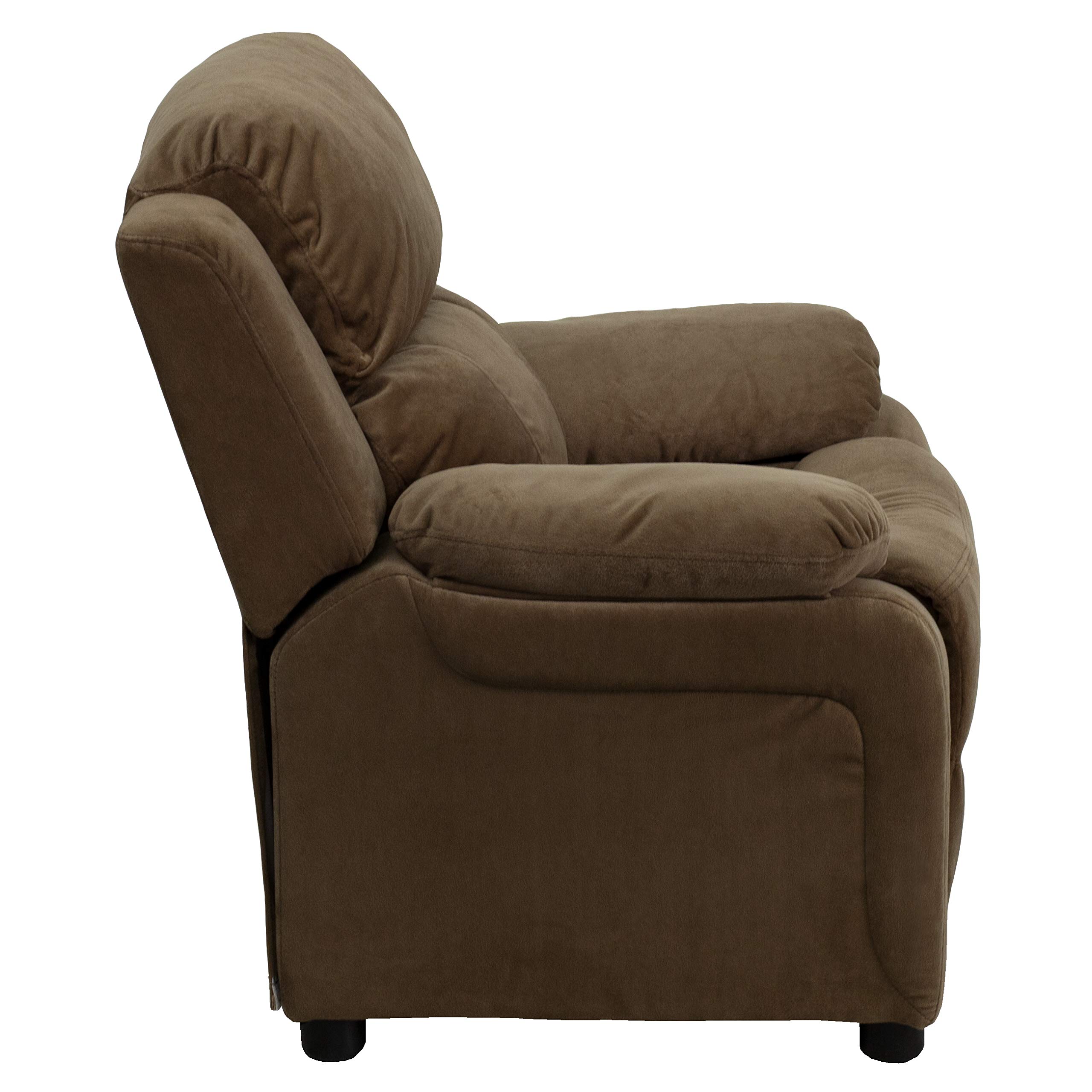 EMMA + OLIVER Deluxe Padded Brown Microfiber Kids Recliner with Storage Arms