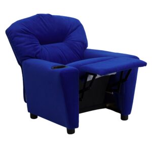 EMMA + OLIVER Blue Microfiber Kids Recliner with Cup Holder