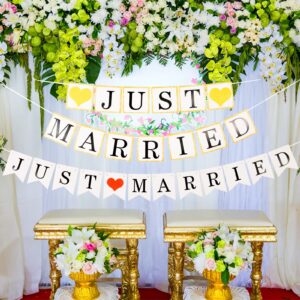 Tatuo 2 Sets Just Married Wedding Banners Bunting Garland Photo Props Signs with Heart for Bridal Shower Wedding Party Decoration