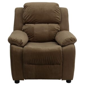 EMMA + OLIVER Deluxe Padded Brown Microfiber Kids Recliner with Storage Arms