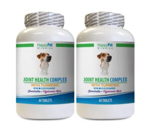 happy pet vitamins llc hip and joint for dogs - joint health complex with turmeric for dogs - with msm and turmeric - hip support - glucosamine sulfate for dogs - 2 bottles (120 tablets)