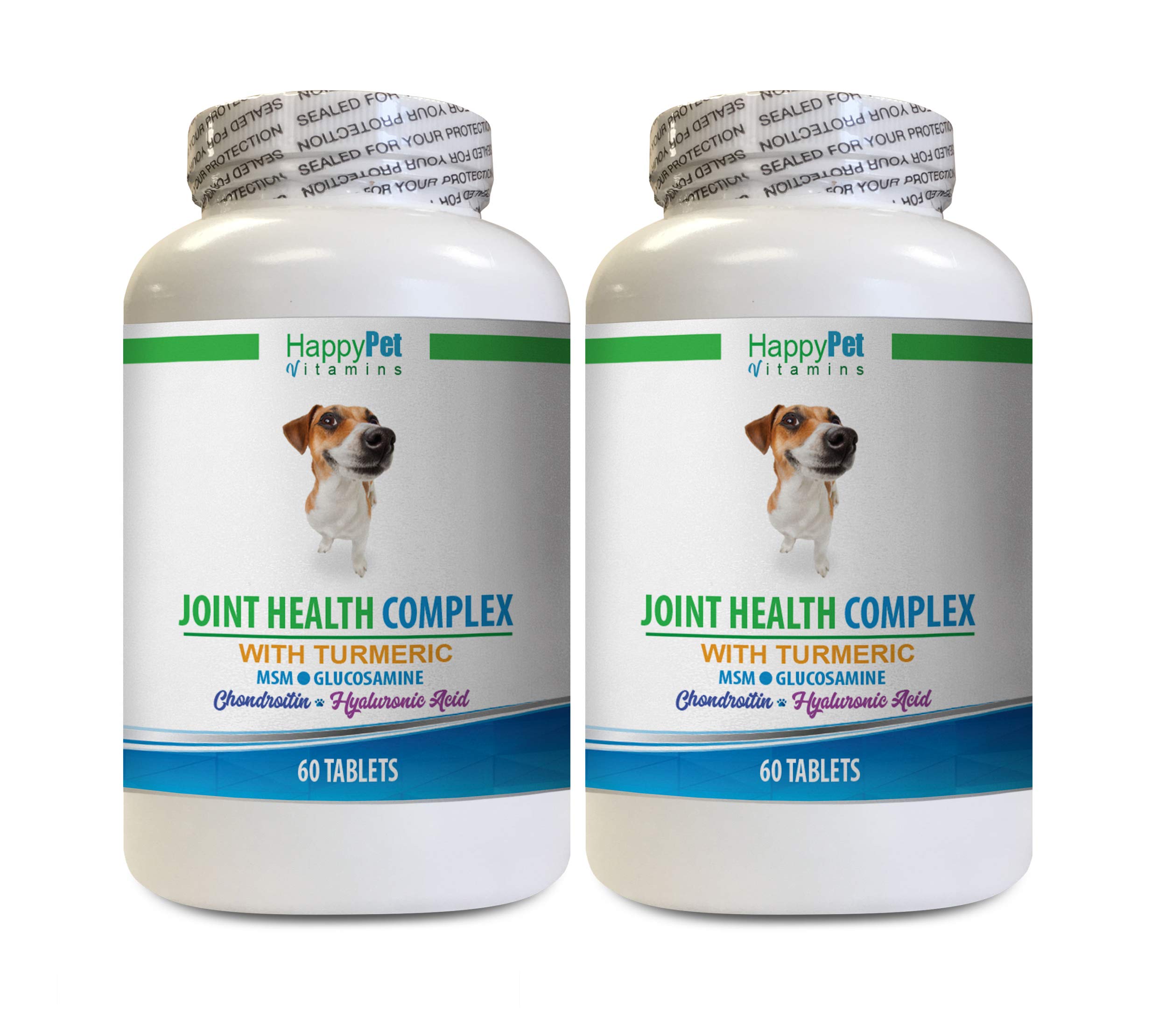 HAPPY PET VITAMINS LLC Hip and Joint Supplements - Joint Health Complex with Turmeric for Dogs - with MSM and Turmeric - Hip Support - Dog Turmeric Chews - 2 Bottles (120 Tablets)