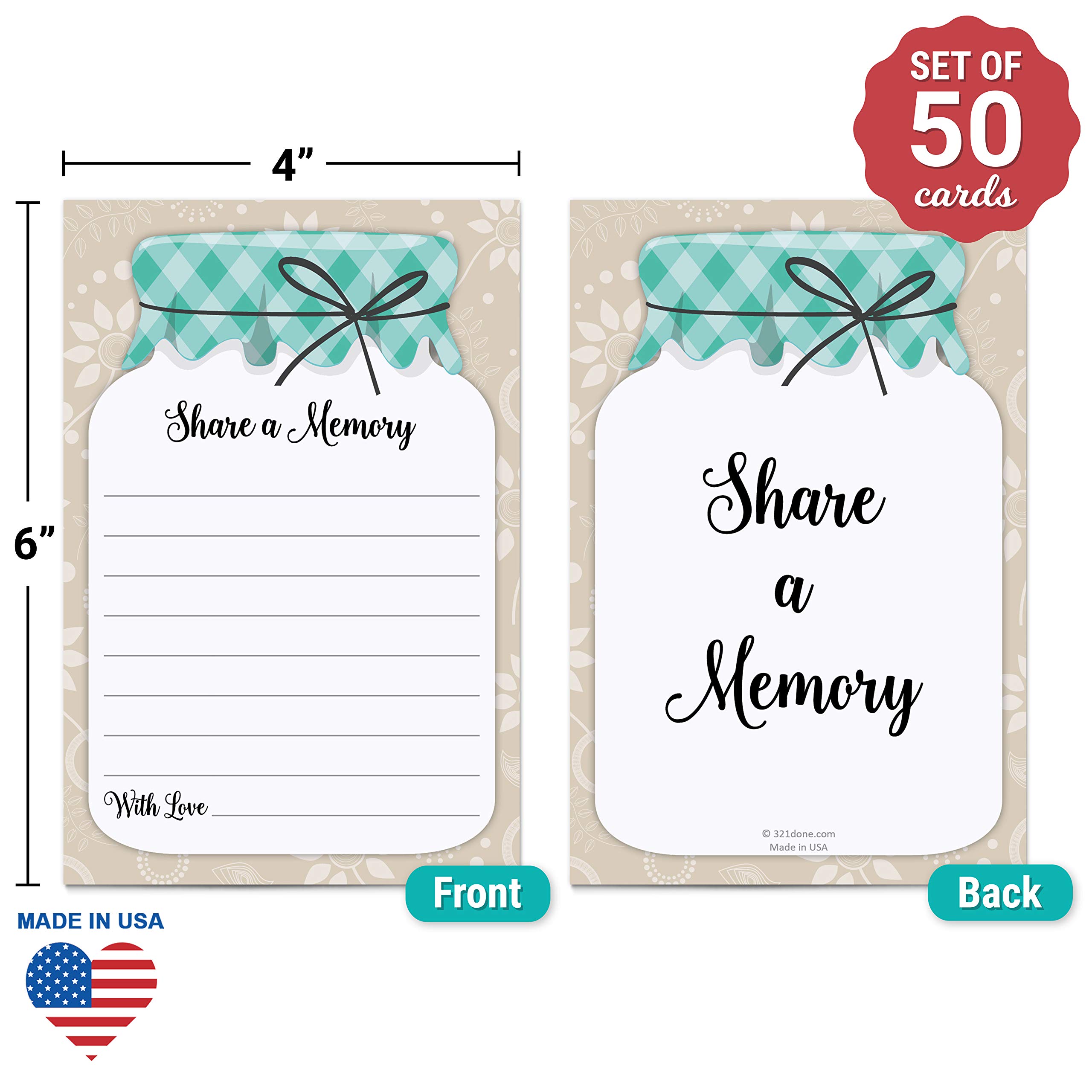 321Done Share a Memory Cards Mason Jar (50 Cards) 4" x 6" for Celebration of Life Birthday Anniversary Memorial Funeral Graduation Bridal Shower - Vertical Lined - Made in USA