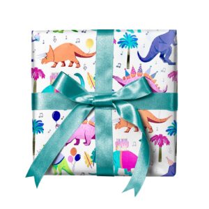 REVEL & Co Party Dinosaurs Children's Premium Folded Wrapping Paper, 2 feet x 10 feet Jurassic dinosaur birthday folded gift wrap