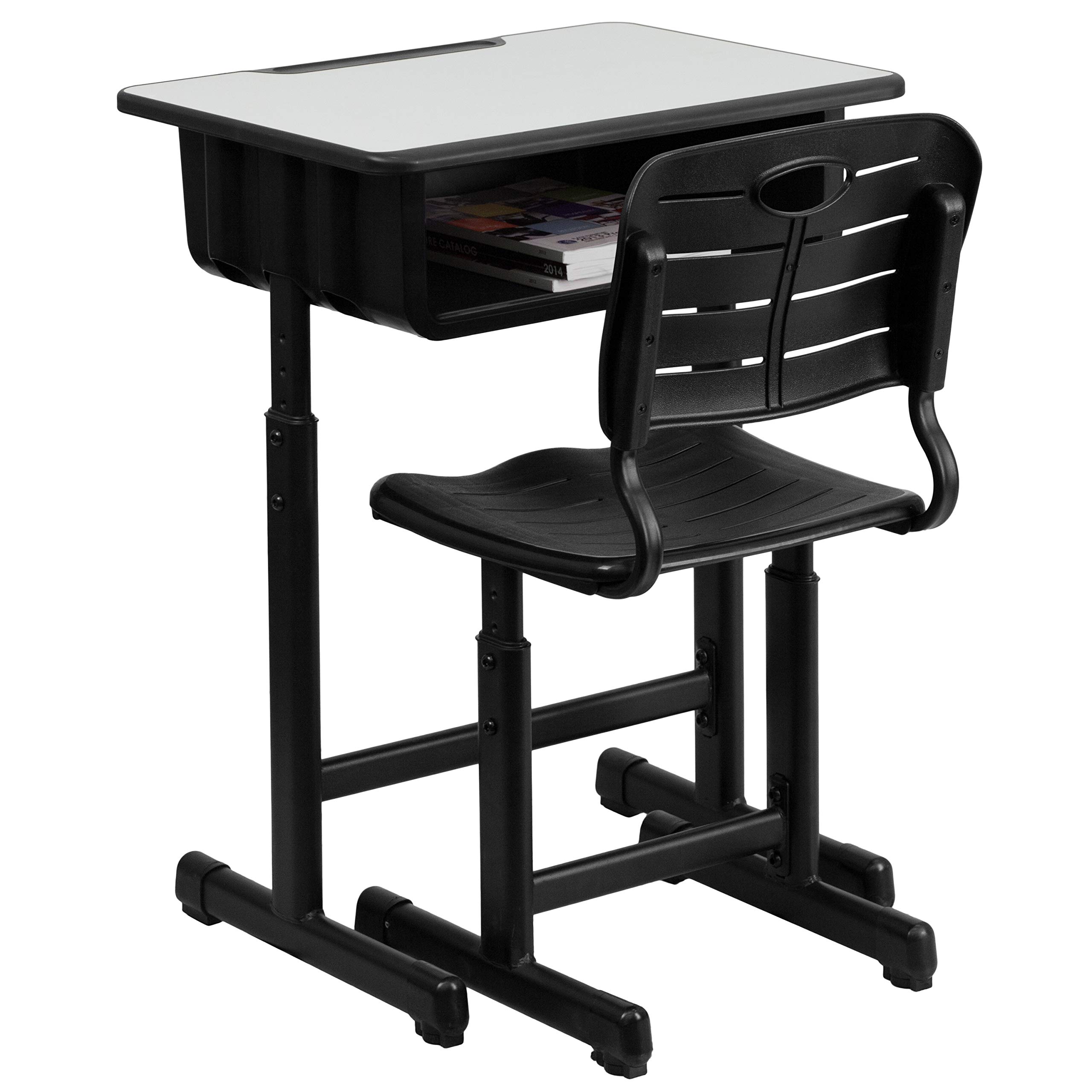 EMMA + OLIVER Adjustable Height Student Desk and Chair with Black Pedestal Frame