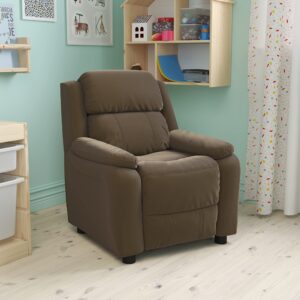 emma + oliver deluxe padded brown microfiber kids recliner with storage arms