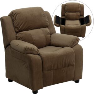 EMMA + OLIVER Deluxe Padded Brown Microfiber Kids Recliner with Storage Arms