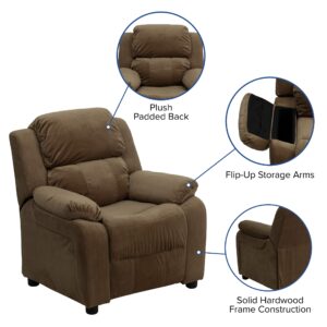 EMMA + OLIVER Deluxe Padded Brown Microfiber Kids Recliner with Storage Arms