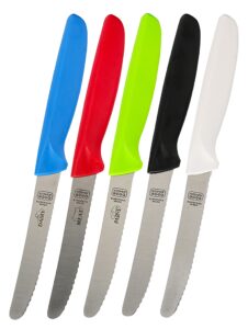 kitchen knife 5-piece set - 4.5 inches - steak and vegetable knife - razor sharp curved tip, serrated edge - color coded kitchen tools by the kosher cook