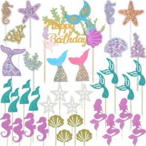 wootkey 36 pcs glitter mermaid cupcake toppers mermaid cake topper under the sea beach mermaid tail cake decoration birthday party supplies for baby shower children's day