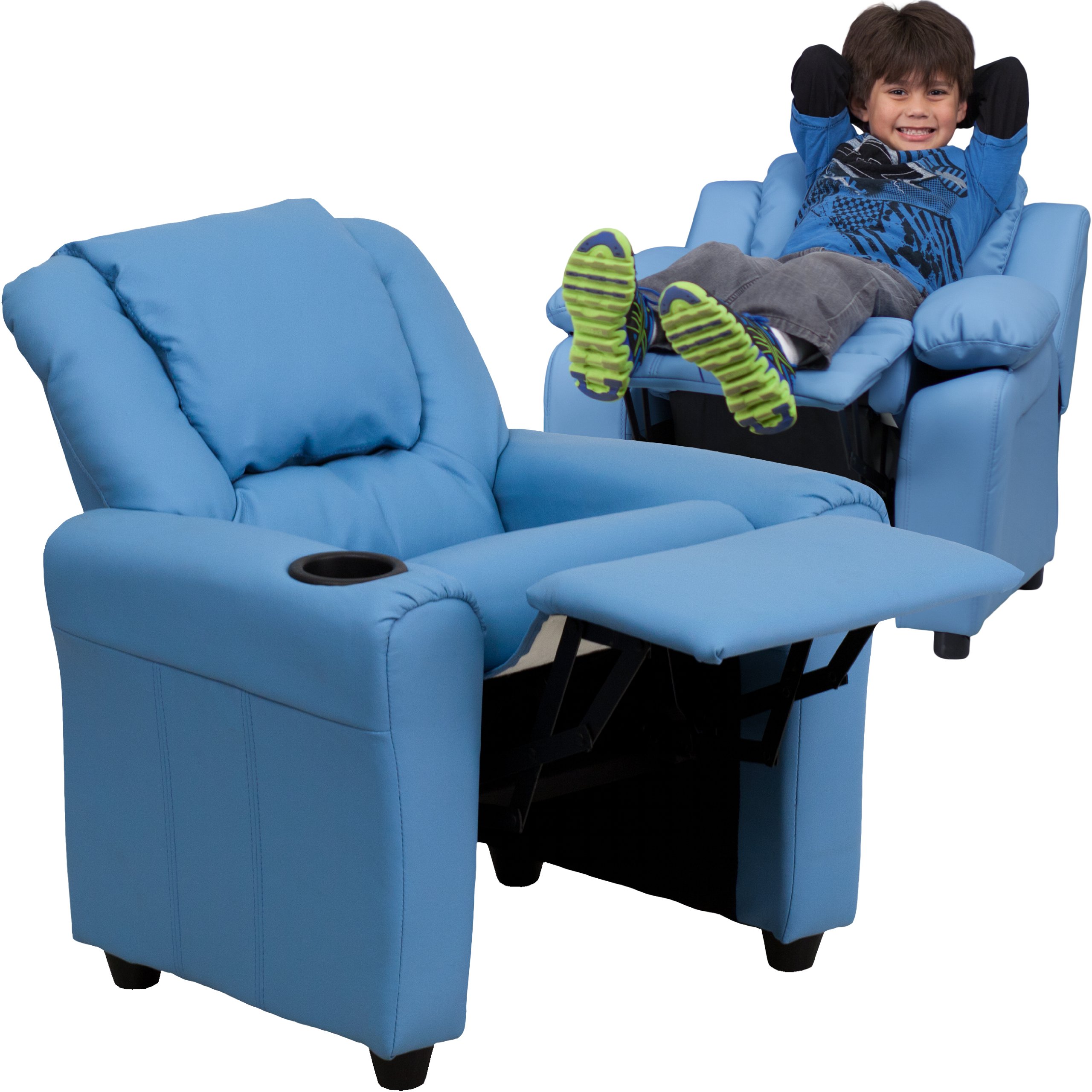 EMMA + OLIVER Light Blue Vinyl Kids Recliner with Cup Holder and Headrest