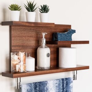 straga rustic wall mounted bathroom shelves - 23" hardwood shelf organizers with 18" towels holder - a modern addition to your bathroom, powder room, guest bathroom and more (mahogany)