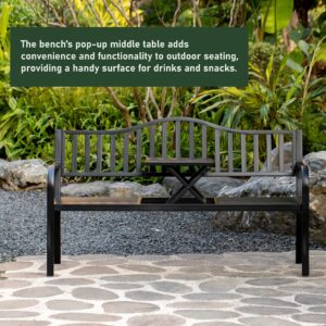 Gardenised QI003461L Outdoor Powder Coated Steel Park Bench, Garden Bench with Pop Up Middle Table, Lawn Decor Seating Bench for Yard, Patio, Garden, Balcony, and Deck