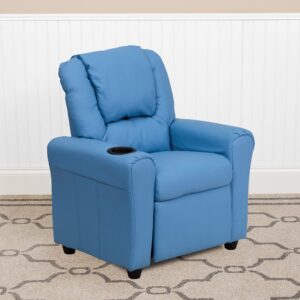 emma + oliver light blue vinyl kids recliner with cup holder and headrest