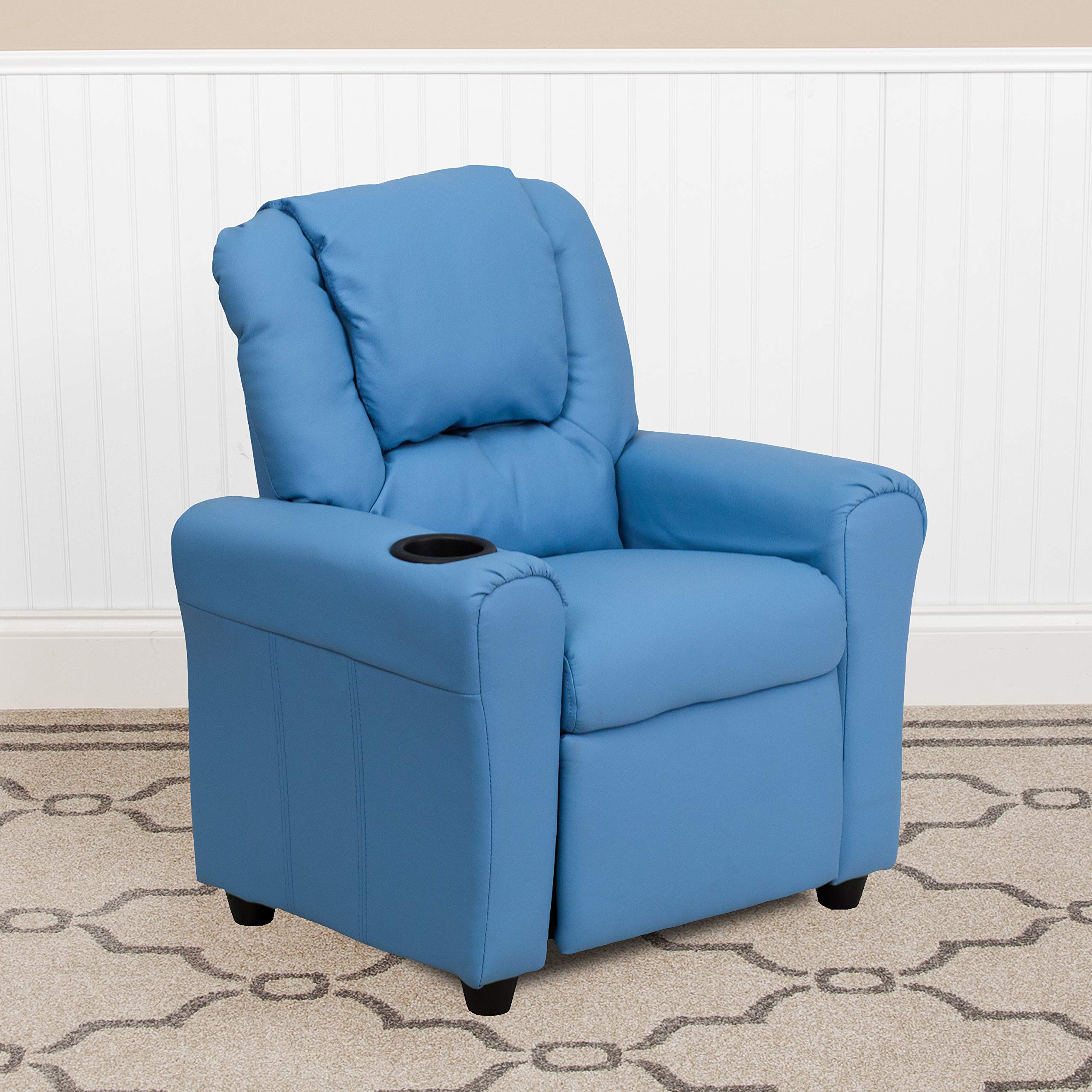 EMMA + OLIVER Light Blue Vinyl Kids Recliner with Cup Holder and Headrest