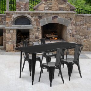 emma + oliver commercial grade rectangular black metal indoor-outdoor table set-4 stack chairs