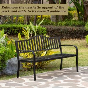 Gardenised QI003461L Outdoor Powder Coated Steel Park Bench, Garden Bench with Pop Up Middle Table, Lawn Decor Seating Bench for Yard, Patio, Garden, Balcony, and Deck