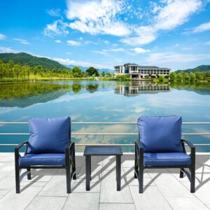 lokatse home 3 piece outdoor patio chairs set with table, bistro furniture metal with cushions, blue