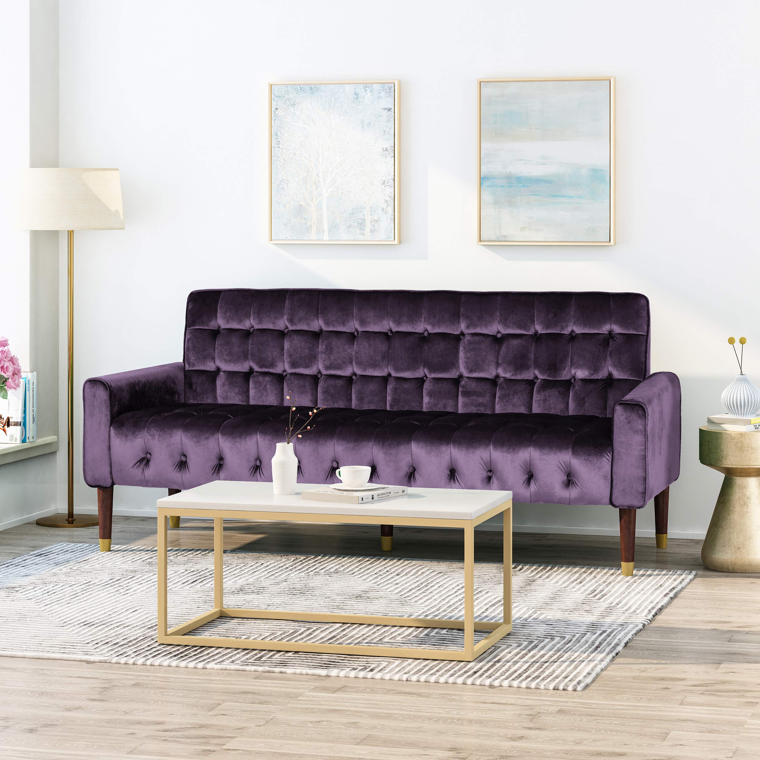 Christopher Knight Home Adan Tufted Velvet Sofa Tipped Tapered Legs, BlackBerry and Gold Finish