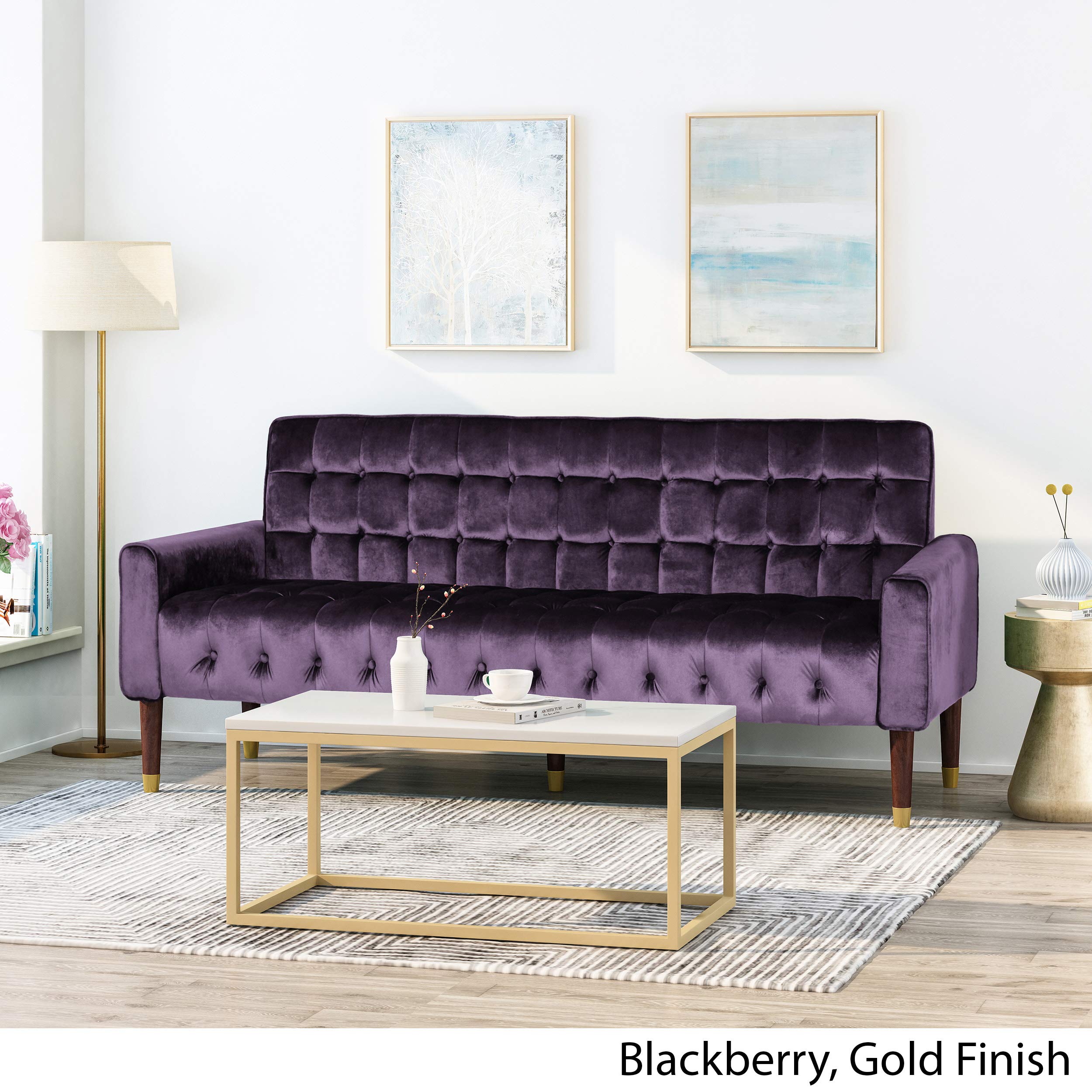 Christopher Knight Home Adan Tufted Velvet Sofa Tipped Tapered Legs, BlackBerry and Gold Finish