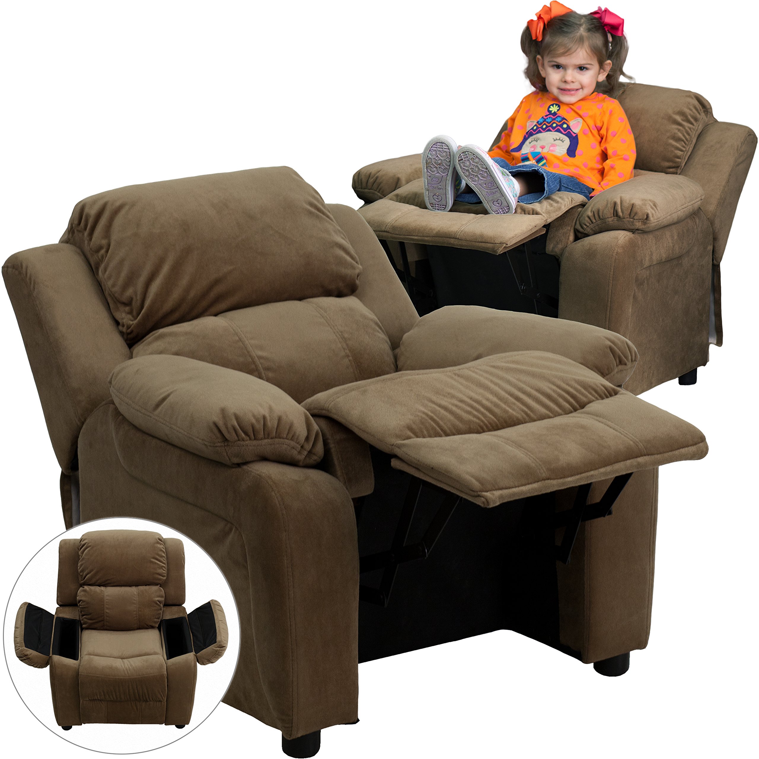 EMMA + OLIVER Deluxe Padded Brown Microfiber Kids Recliner with Storage Arms