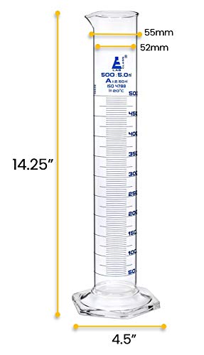 EISCO Graduated Cylinder, 500ml - Class A Tolerance ±2.50ml - Hexagonal Base - Blue Graduations - Borosilicate 3.3 Glass