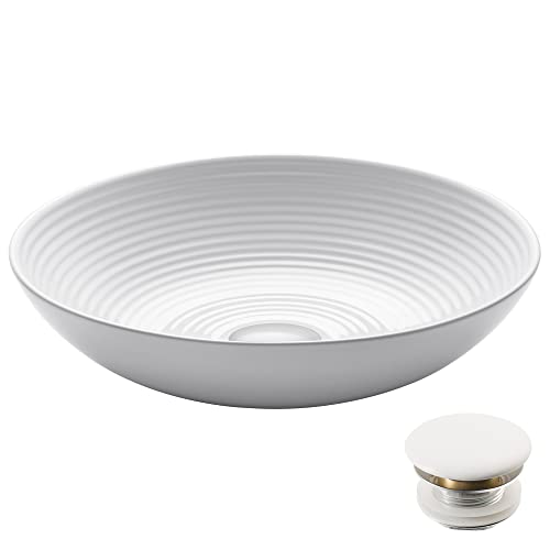 KRAUS Viva™ Round White Porcelain Ceramic Vessel Bathroom Sink with Pop-Up Drain, 16 1/2 in. D x 4 3/8 in. H, KCV-203GWH