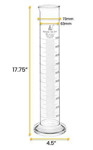 EISCO Graduated Cylinder, 1000ml - Class A Tolerance ±5.00ml - Round Base - White Graduations - Borosilicate 3.3 Glass