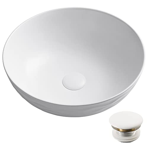 KRAUS Viva™ Round White Porcelain Ceramic Vessel Bathroom Sink with Pop-Up Drain, 16 1/2 in. D x 5 1/2 in. H, KCV-200GWH