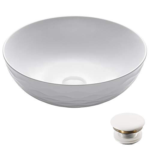 KRAUS Viva™ Round White Porcelain Ceramic Vessel Bathroom Sink with Pop-Up Drain, 16 1/2 in. D x 5 1/2 in. H, KCV-200GWH