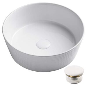 KRAUS Viva™ Round White Porcelain Ceramic Vessel Bathroom Sink with Pop-Up Drain, 15 3/4 in. D x 5 3/8 in. H, KCV-205GWH